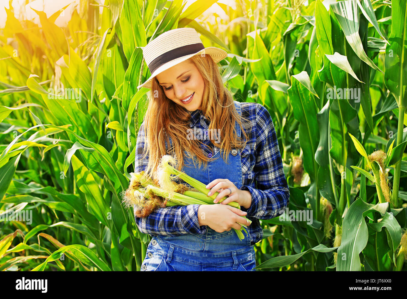 Corn harvest. Portrait of attractive and young girl in hat and ...