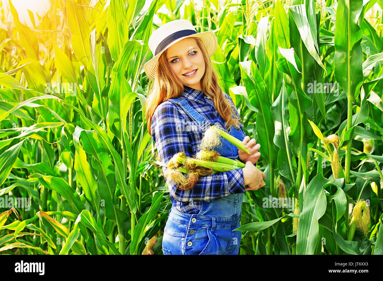 Corn harvest. Portrait of attractive and young girl in hat and ...