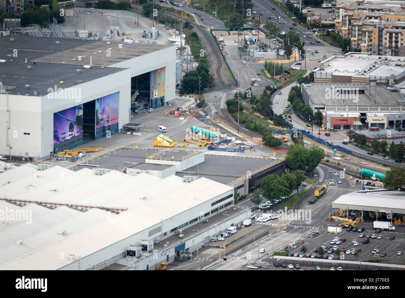 aerial view of hangers, Boeing Renton factory, Washington State, USA ...