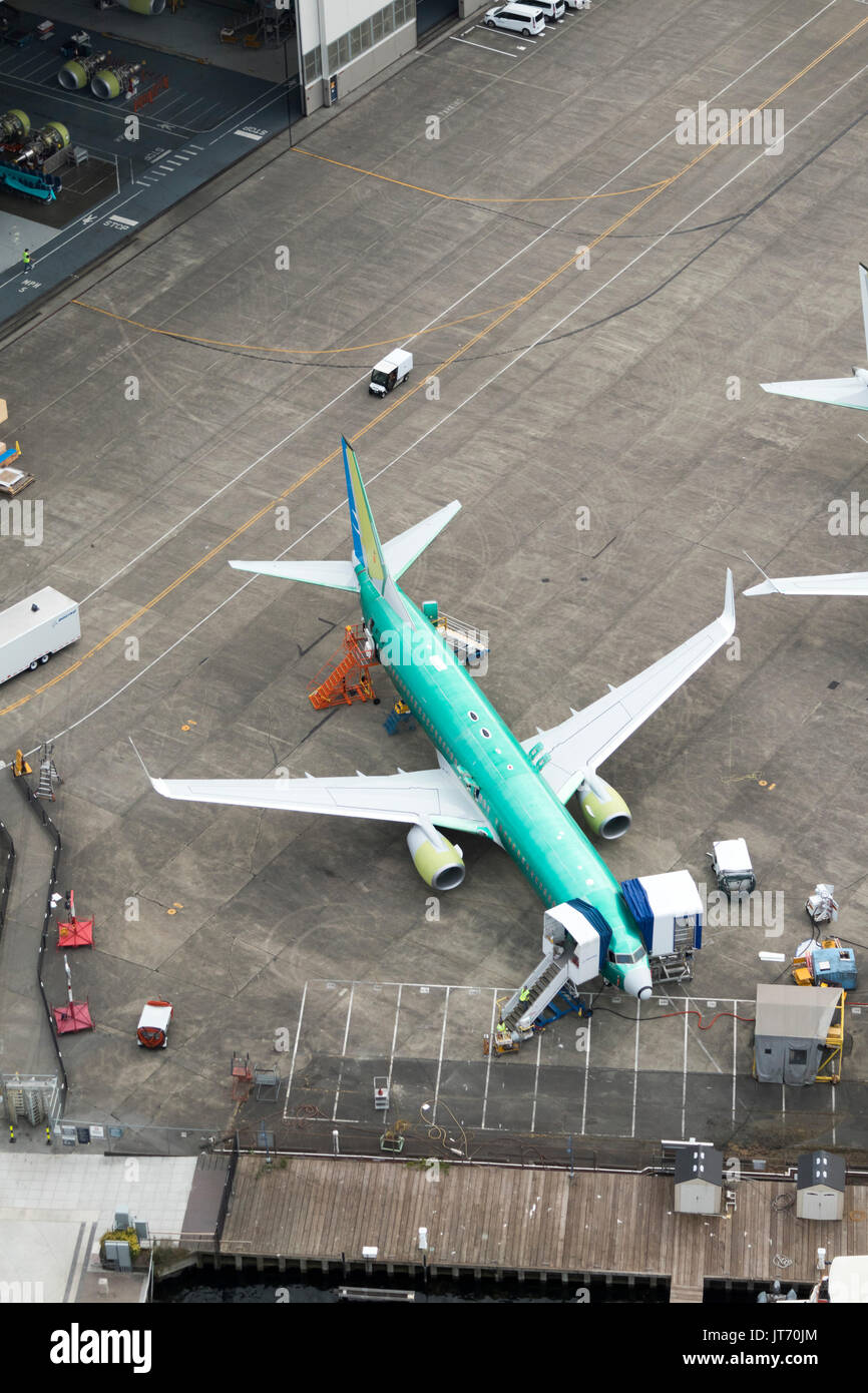 Aerial view of JetAirways Boeing 737 MAX airplane under construction at ...