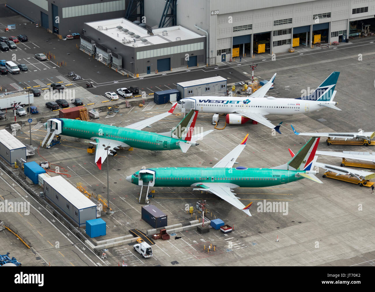 Aerial view of Boeing 737 MAX 8 airplanes under construction at Renton ...