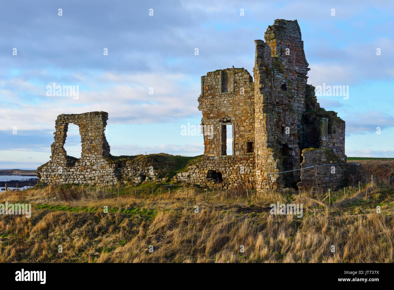 Ruin of Newark Castle on the Fife Coastal Path near St. Monans in East ...