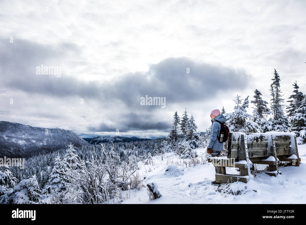 Young Woman at Observatory from Top of Mountain during Winter in Canada ...