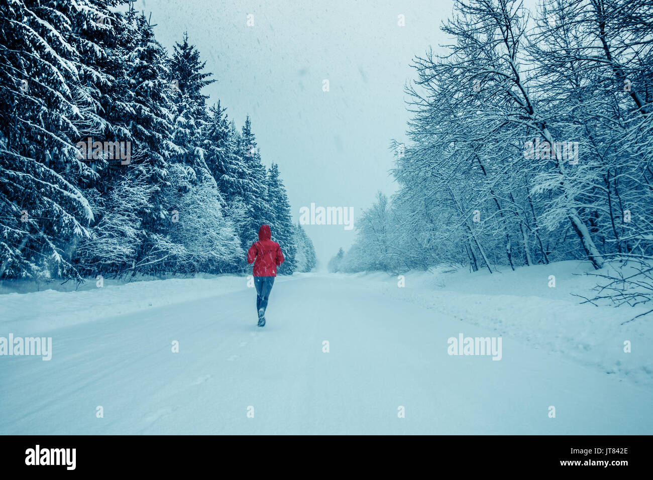Woman Running Alone with Motion Blur during Cold Snowy day of Winter in ...