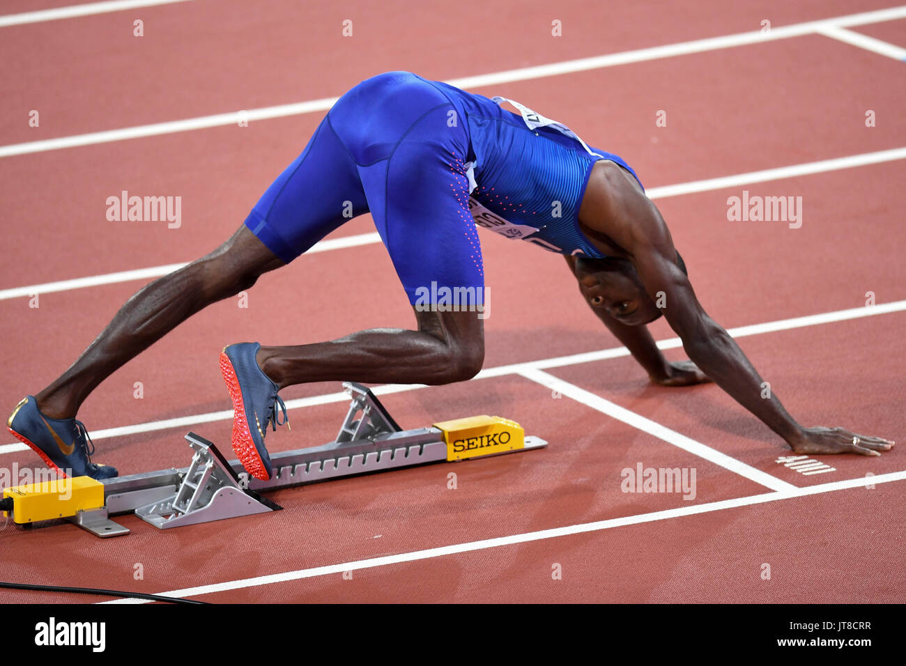 London, UK. 7 August 2017. Kerron Clement (USA) at the starting blocks ...