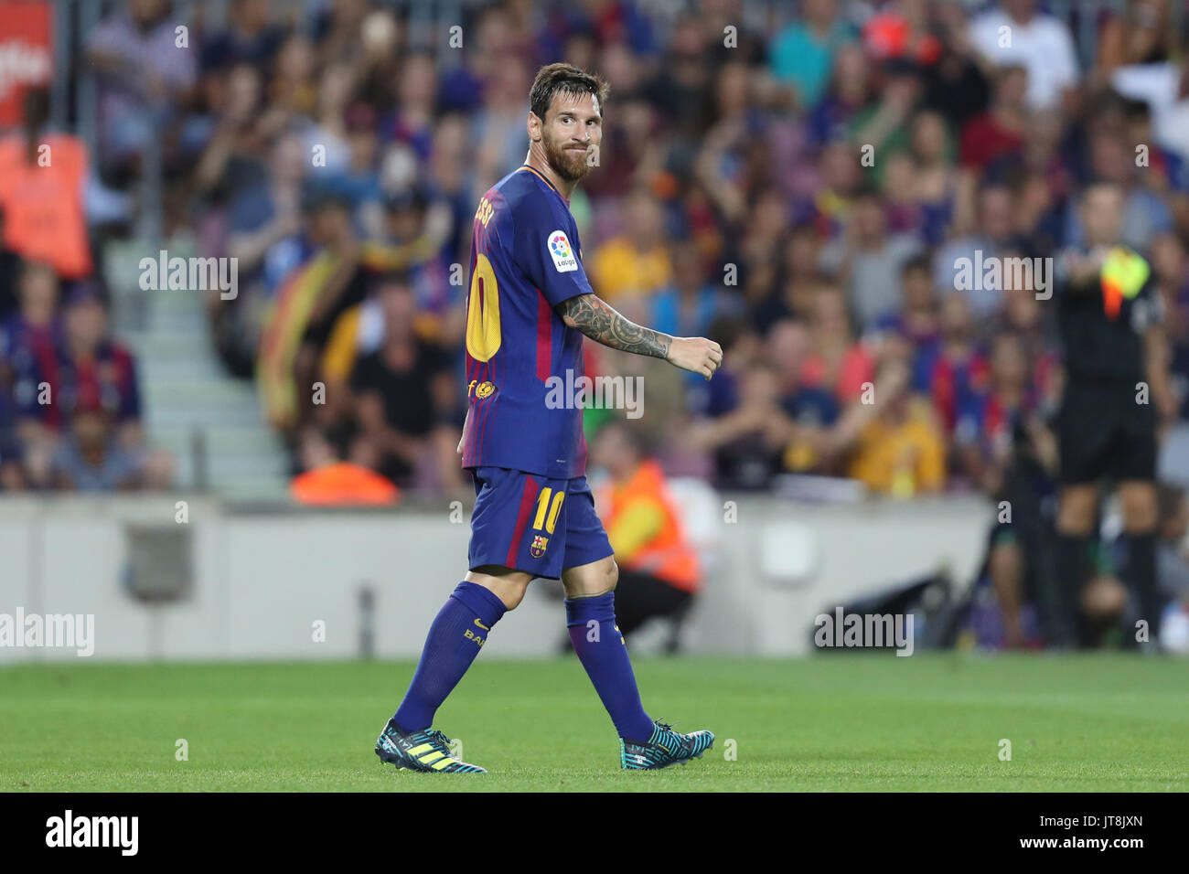 Barcelona, Spain. 7th Aug, 2017. Lionel Messi of FC Barcelona reacts ...