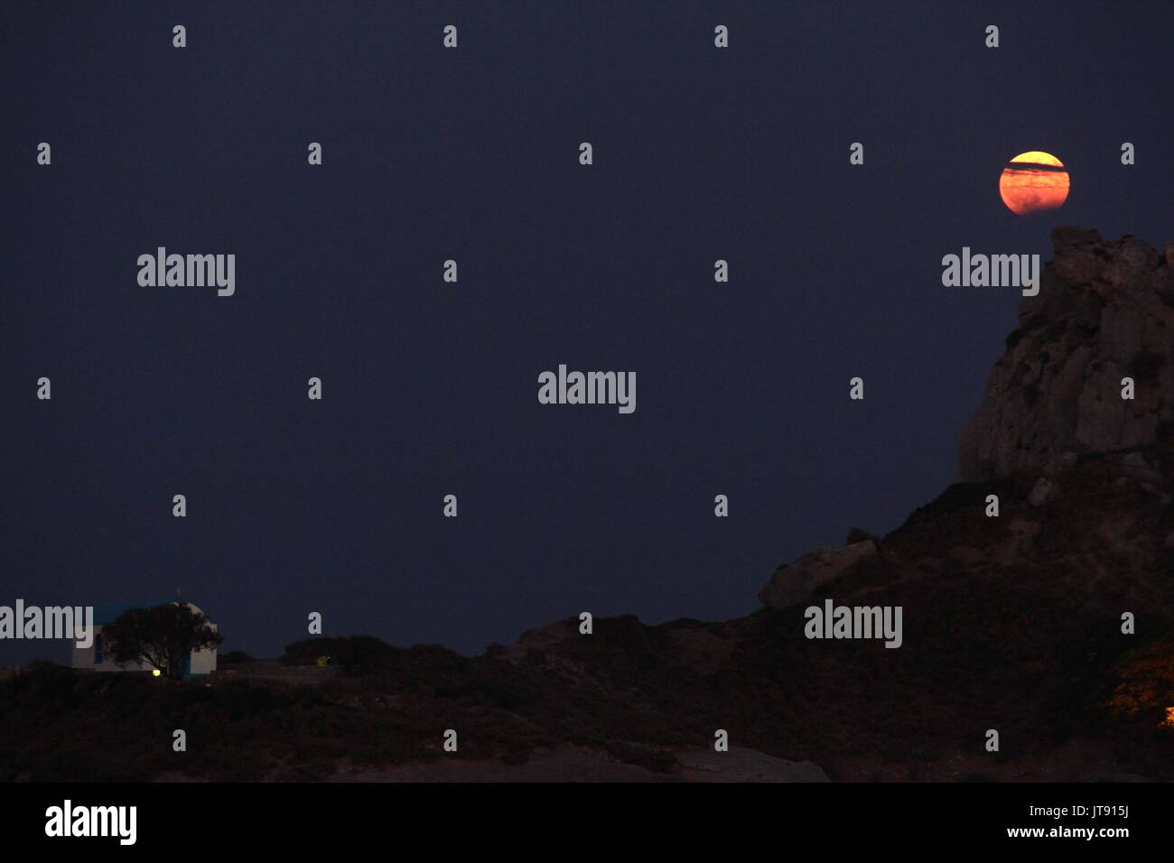 Greece. 07th Aug, 2017. August full moon is rising over St. Stefanos ...