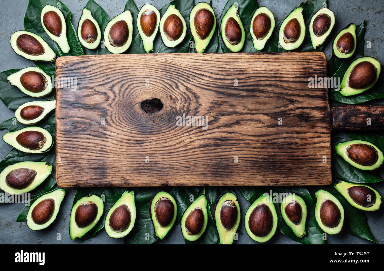 Avocado. Frame made from avocado palta and avocado tree leaves around ...