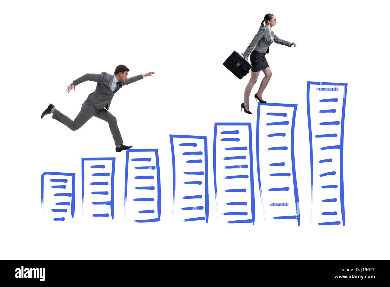 Businesswoman chasing businesswoman on career ladder Stock Photo - Alamy