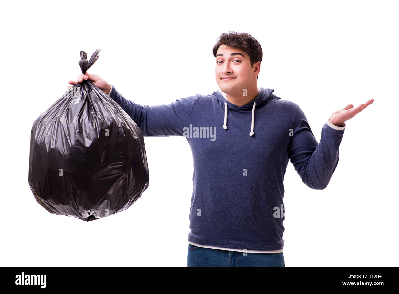 Man with garbage sack isolated on white Stock Photo - Alamy