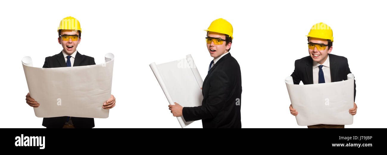 Funny architect with drawings on white Stock Photo - Alamy