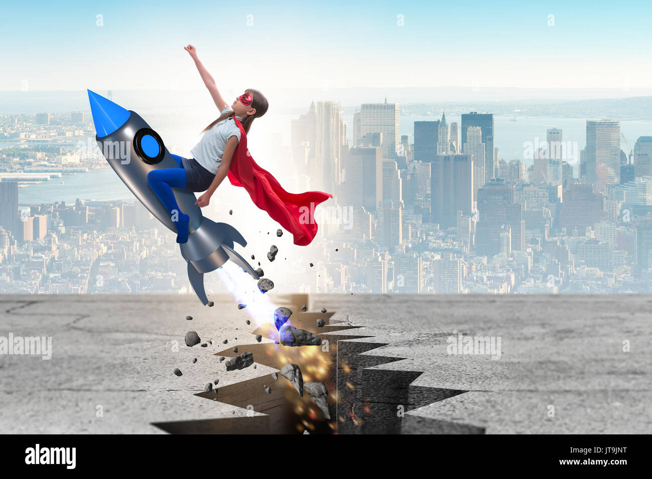 Superhero kid flying on rocket Stock Photo - Alamy