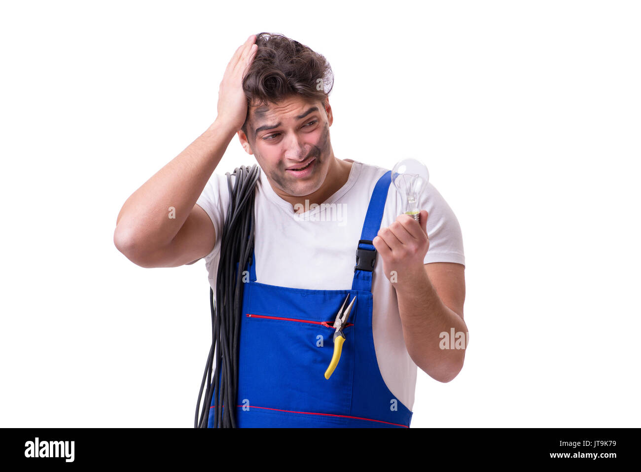 Funny man doing electrical repair Stock Photo - Alamy