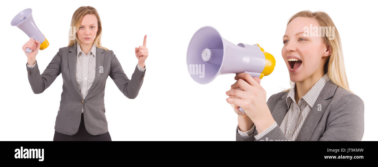 Businesswoman with bullhorn isolated on white Stock Photo - Alamy