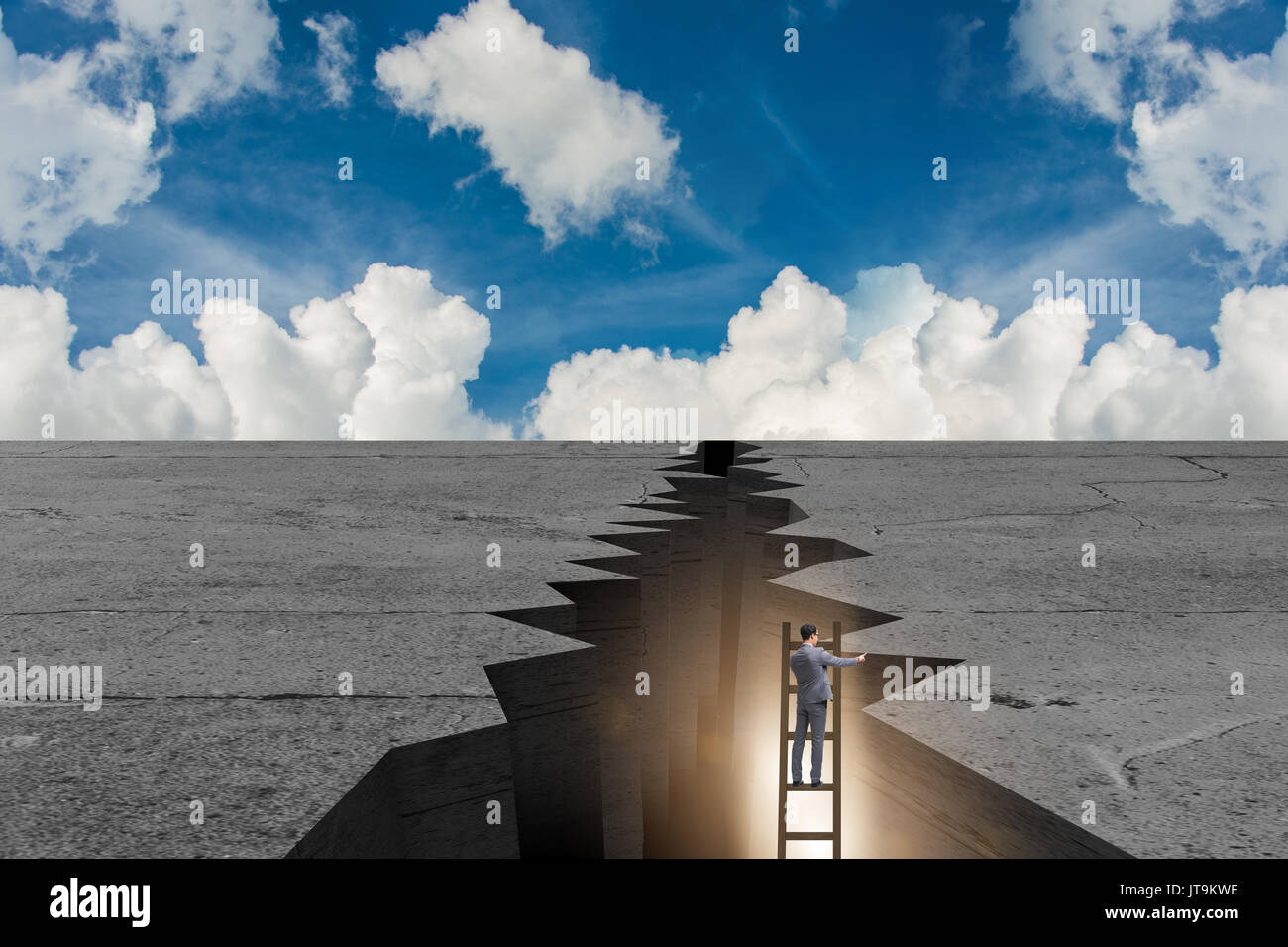 Businessman escapeing from gap on ladder Stock Photo - Alamy