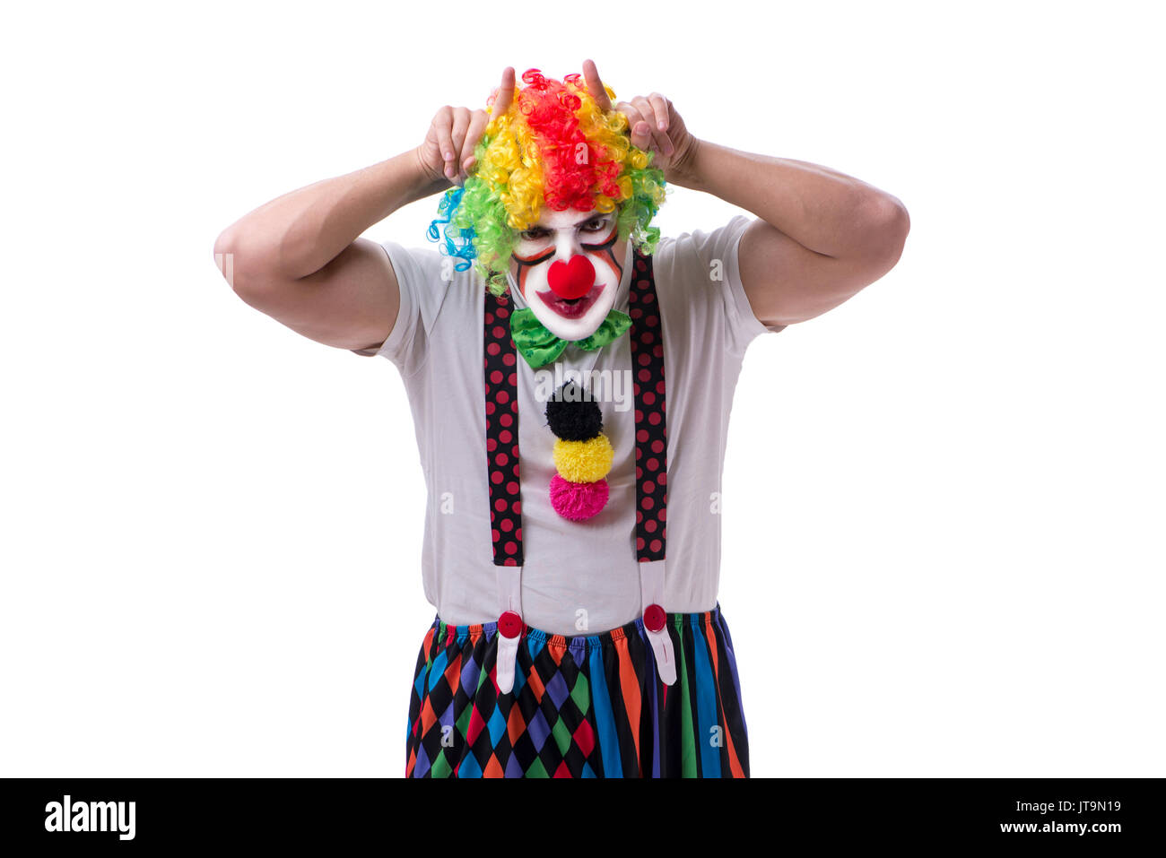Funny clown acting silly isolated on white background Stock Photo - Alamy