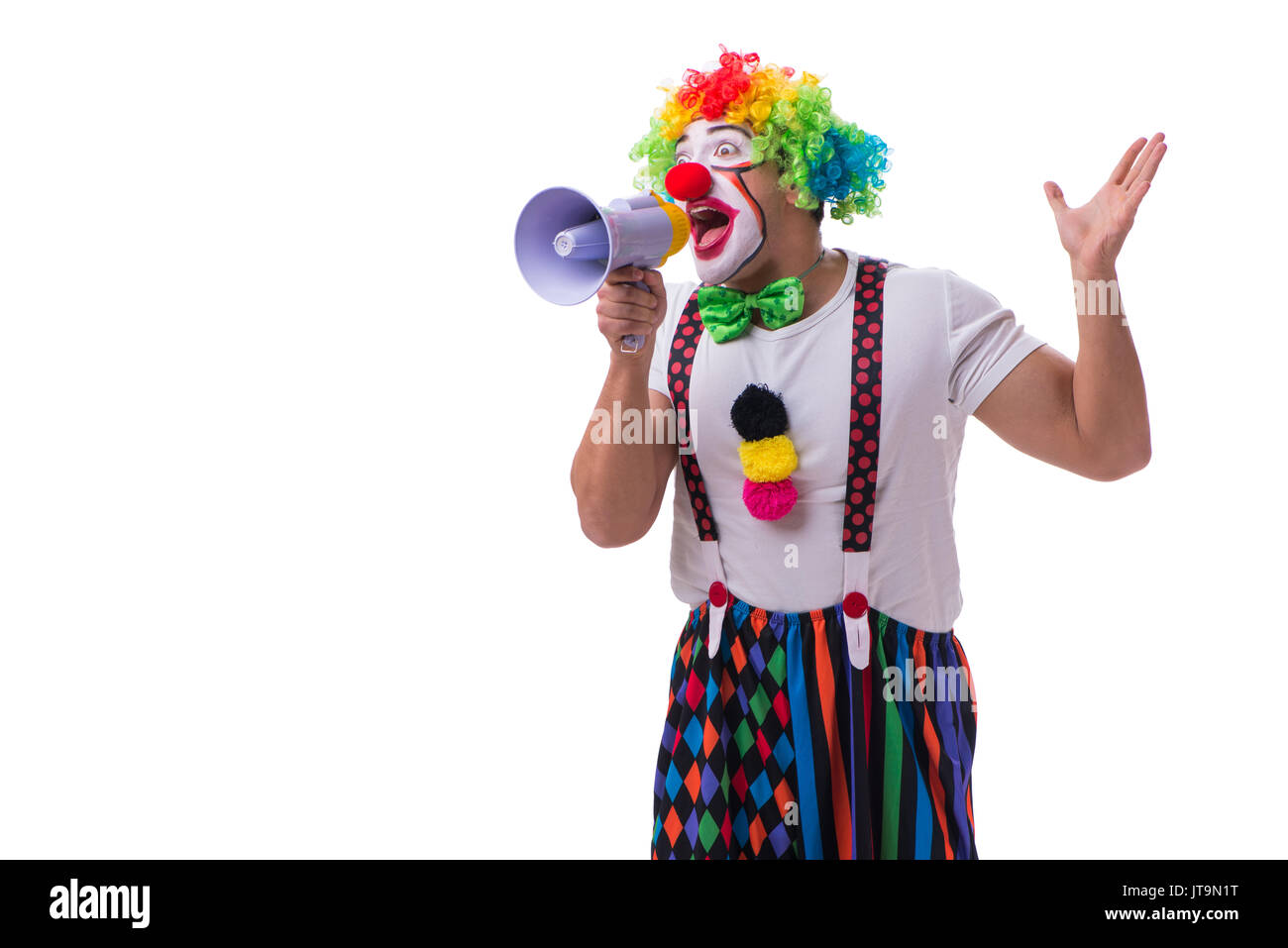 Funny clown with a megaphone isolated on white background Stock Photo ...