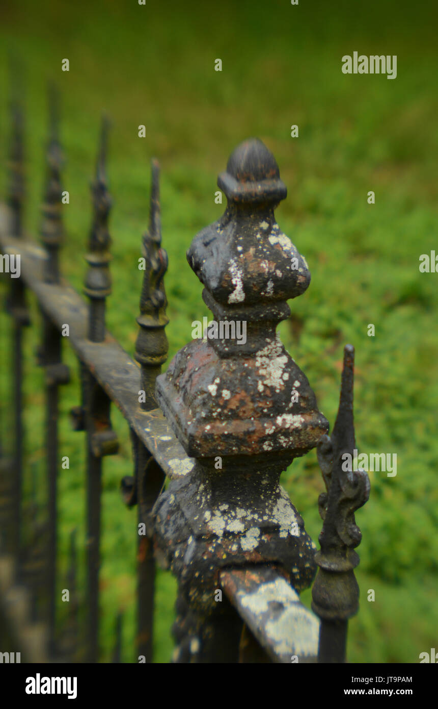vintage iron fence posts weather mossy Stock Photo - Alamy