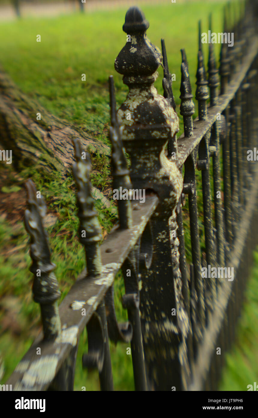 vintage iron fence posts weather mossy Stock Photo - Alamy