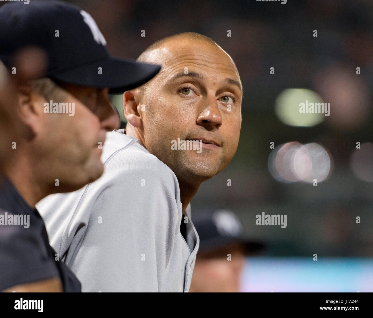 New York Yankees shortstop Derek Jeter (2) watches his team bat in the ...