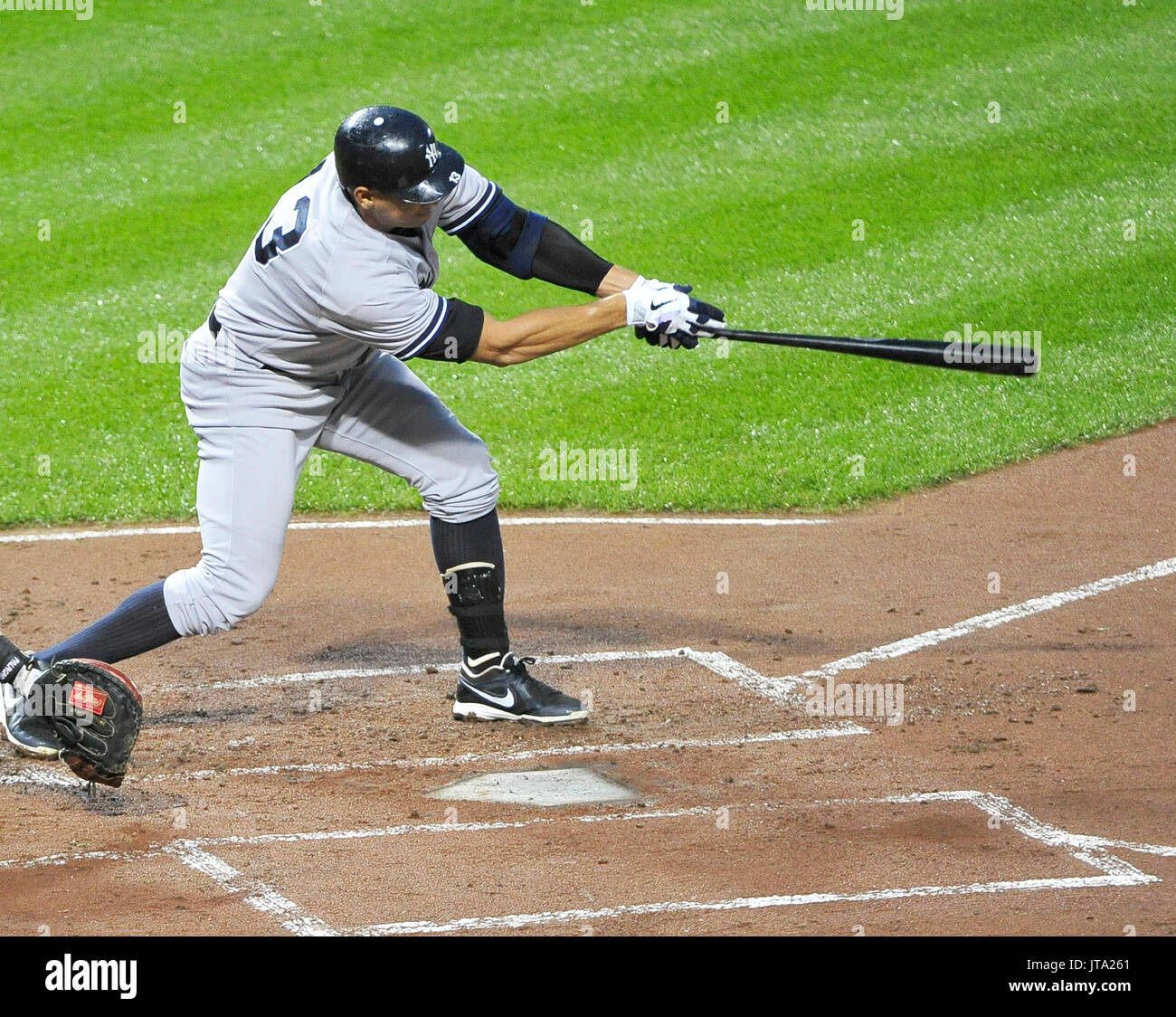 New York Yankees designated hitter hits a sacrifice fly in the first ...