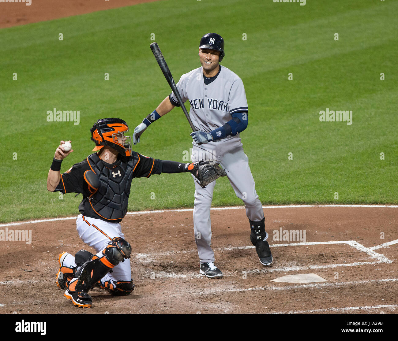 New York Yankees shortstop Derek Jeter (2) reacts after taking a called ...