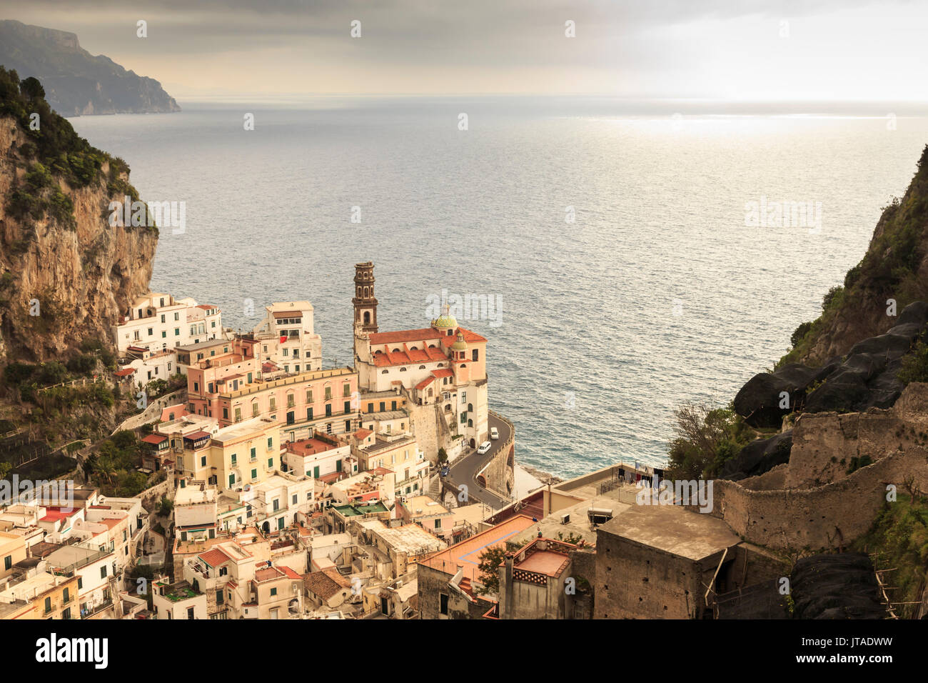 Atrani, elevated view of church, coast road and misty sea, Amalfi Coast ...