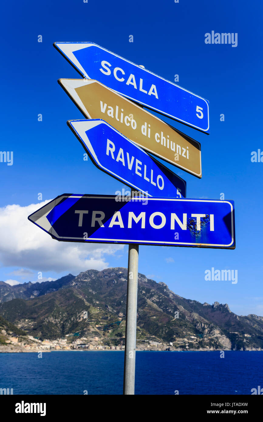 Iconic Amalfi Coast attractions on a coastal road sign, famous Amalfi ...