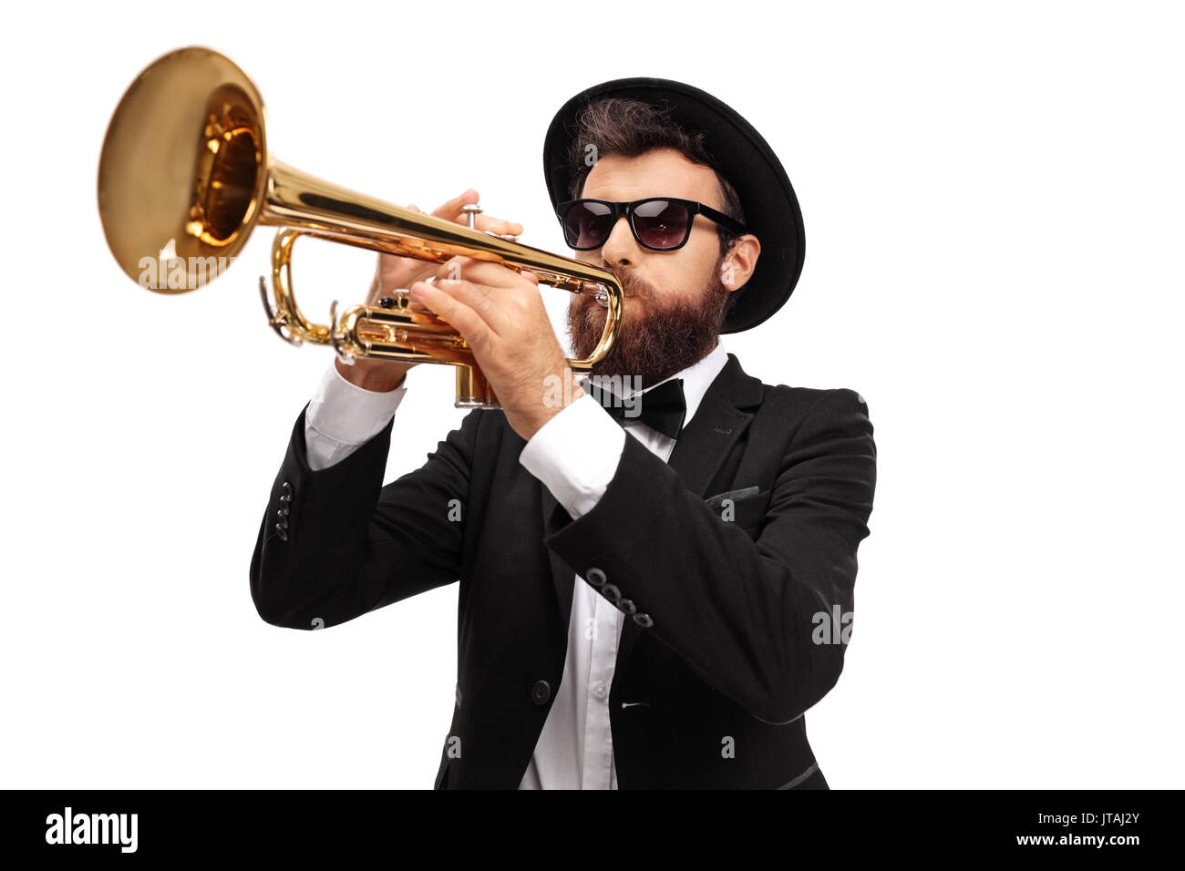 Musician playing a trumpet isolated on white background Stock Photo - Alamy