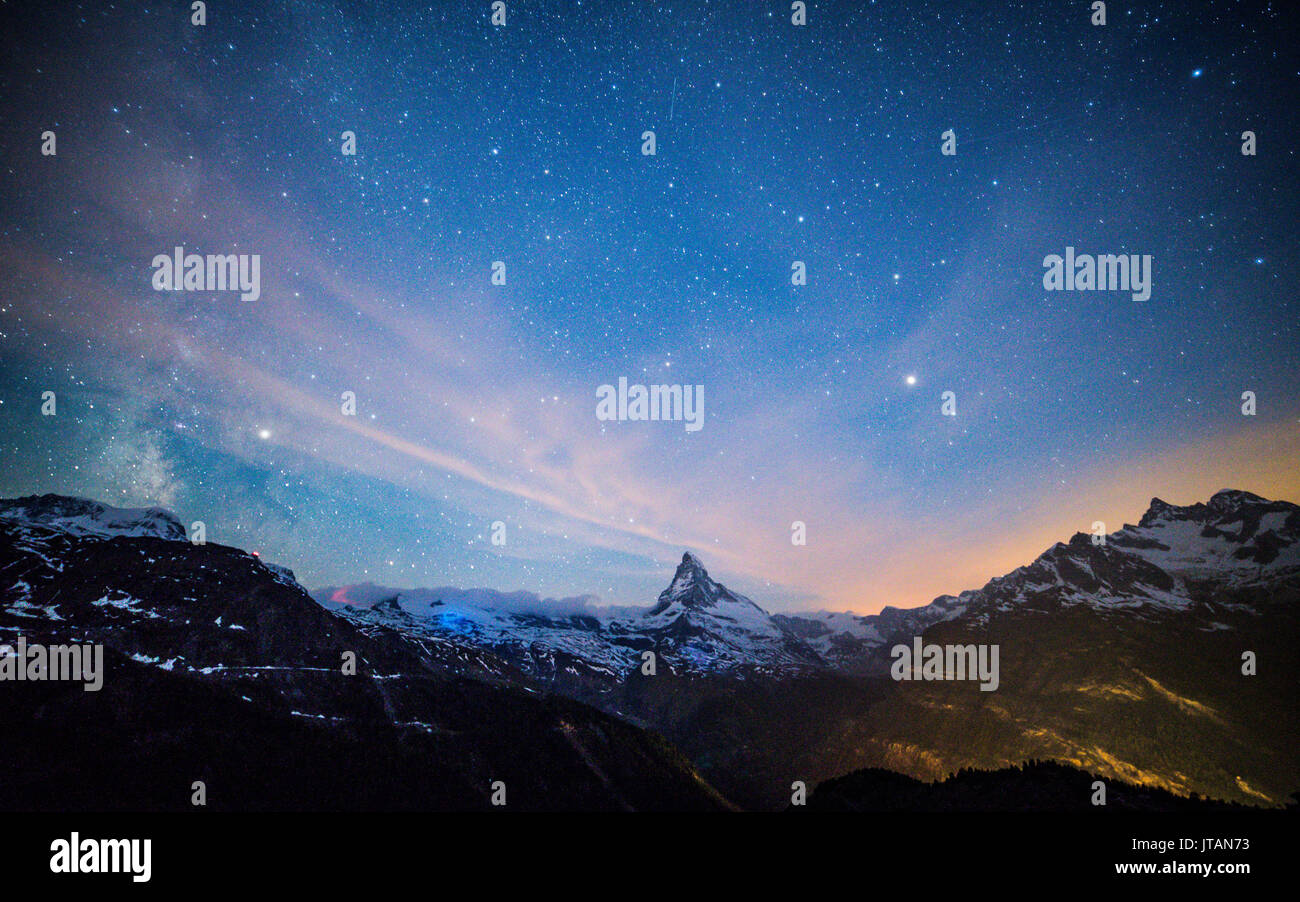 Starry night in Alps, Matterhorn Peak, Zermatt, Switzerland Stock Photo ...