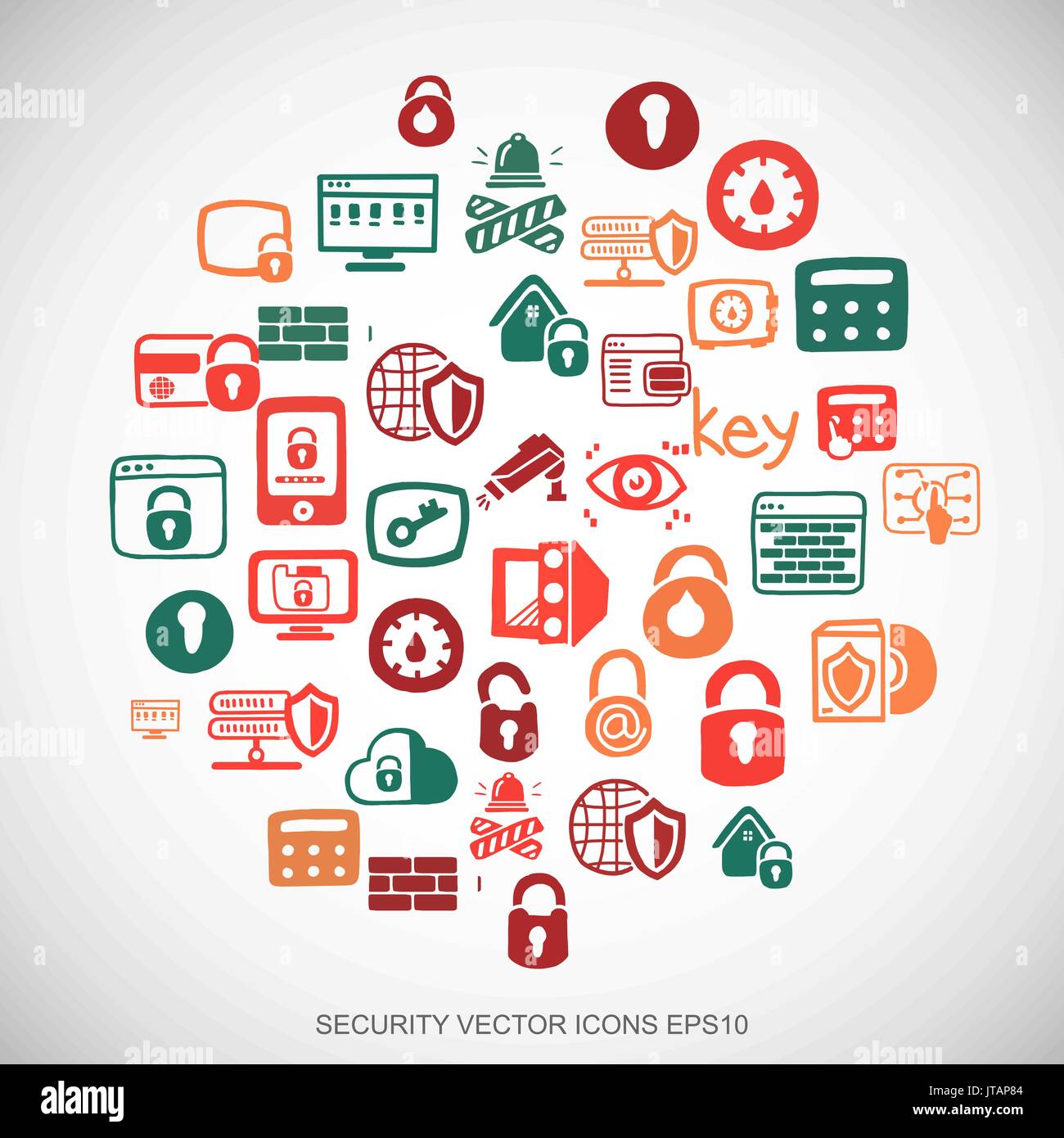 Multicolor doodles Hand Drawn Security Icons set on White. EPS10 vector ...
