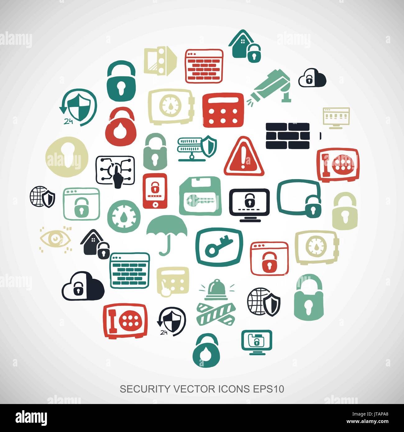 Multicolor doodles Hand Drawn Security Icons set on White. EPS10 vector ...