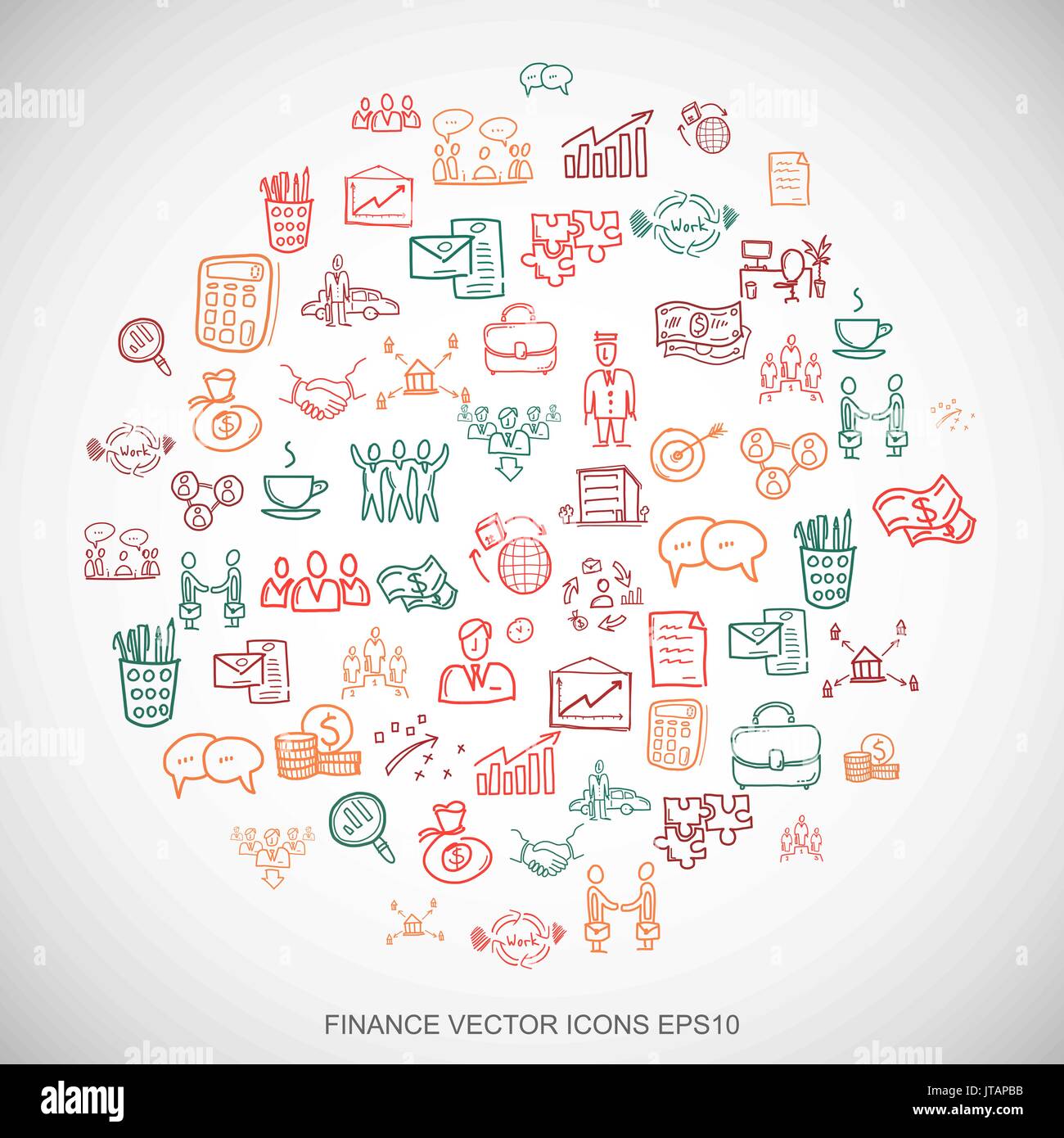Multicolor doodles Hand Drawn Business Icons set on White. EPS10 vector ...