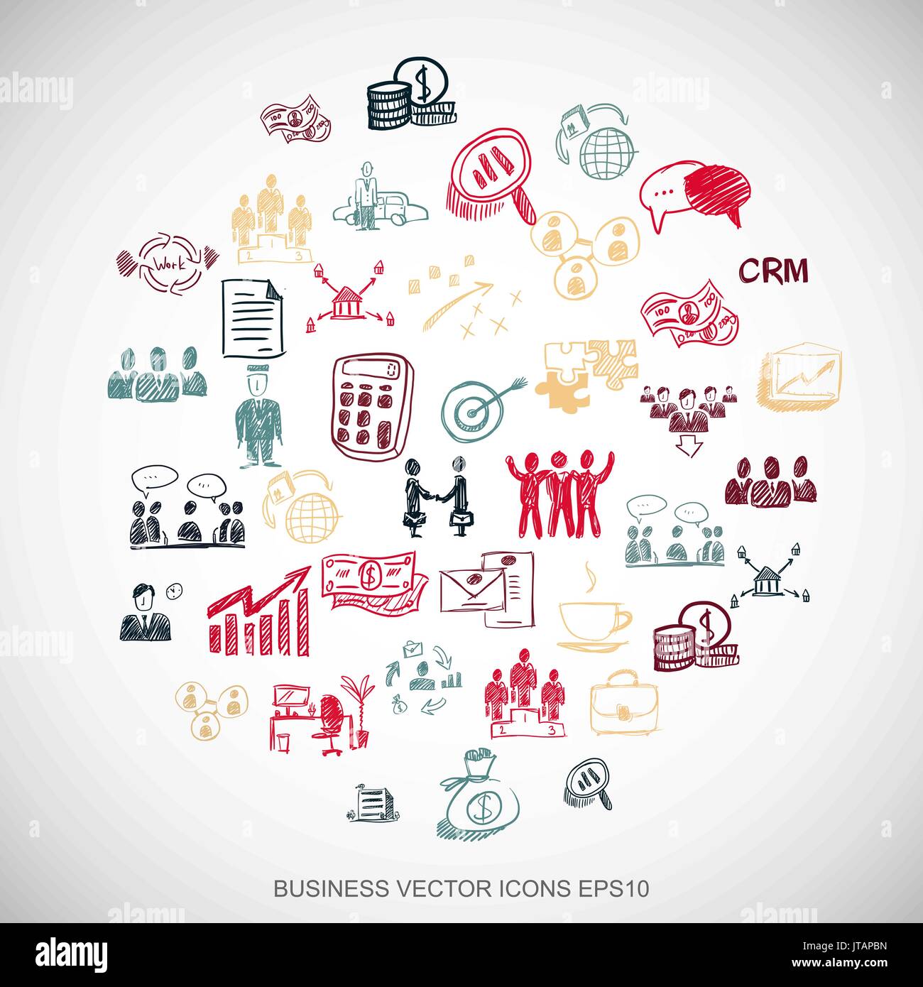 Multicolor doodles Hand Drawn Business Icons set on White. EPS10 vector ...