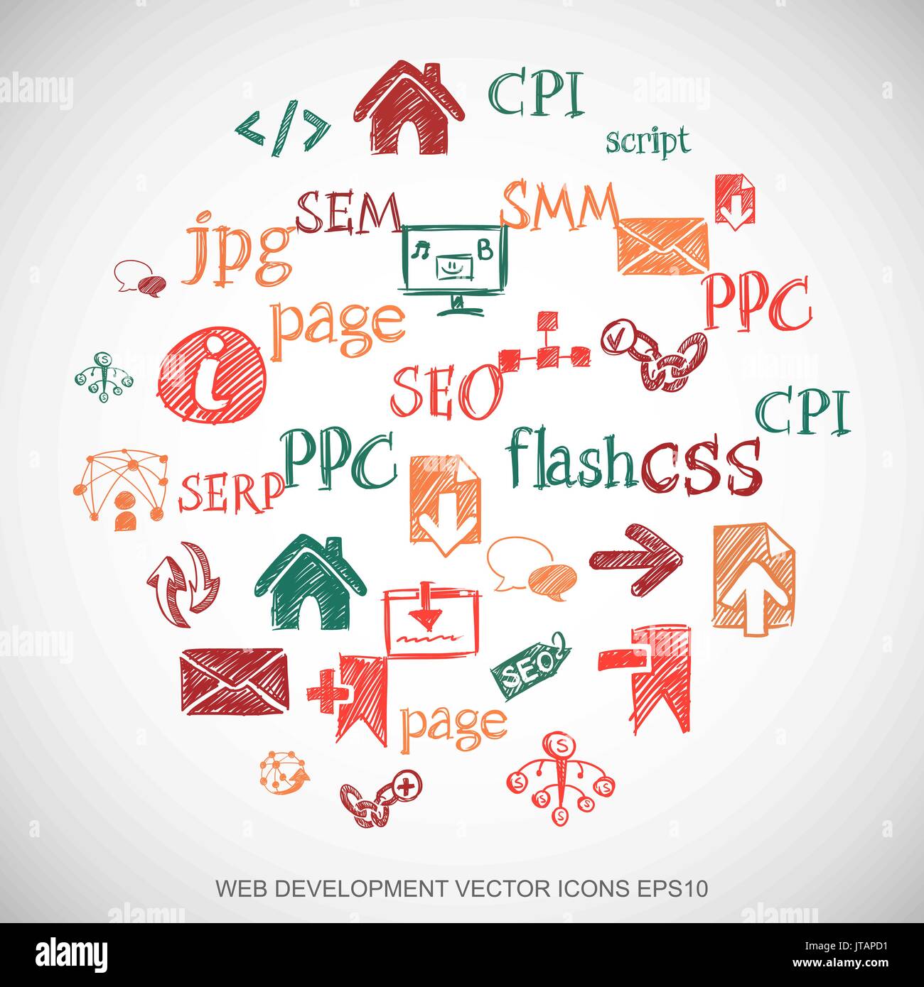 Multicolor doodles Hand Drawn Site Development Icons set on White ...