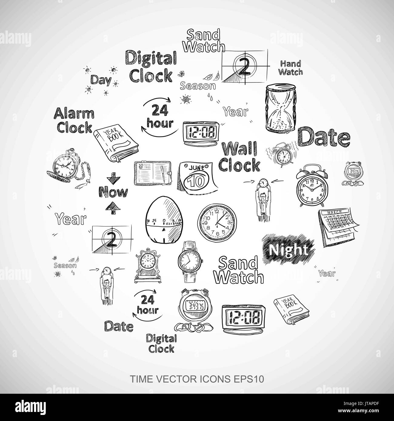 Black doodles Hand Drawing Time Icons set on White. EPS10 vector ...