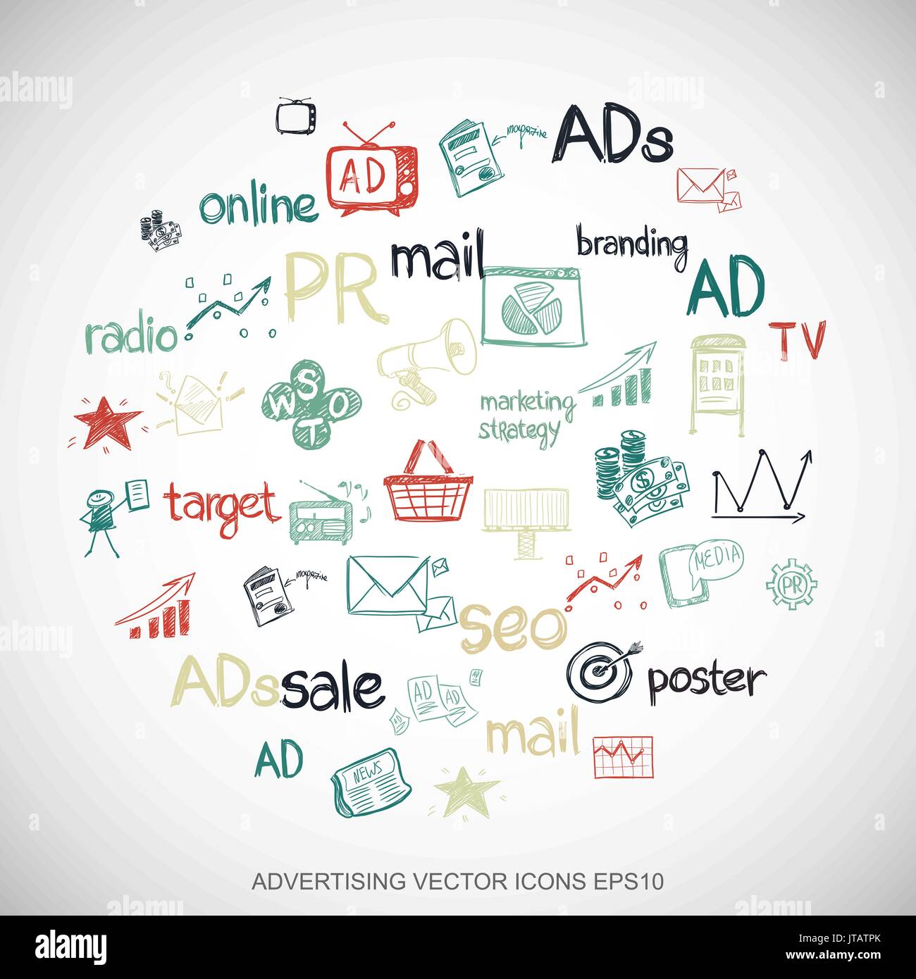 Multicolor doodles Hand Drawn Marketing Icons set on White. EPS10 ...