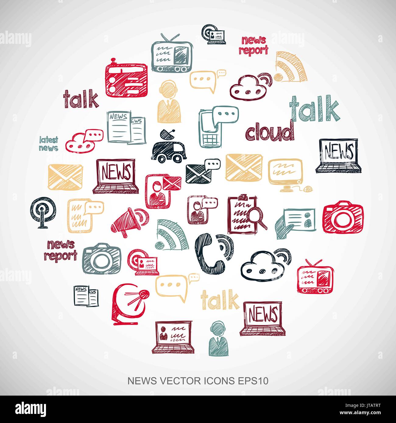Multicolor doodles Hand Drawn News Icons set on White. EPS10 vector ...