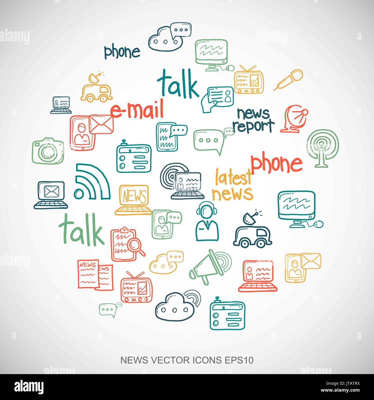 Multicolor doodles Hand Drawn News Icons set on White. EPS10 vector ...