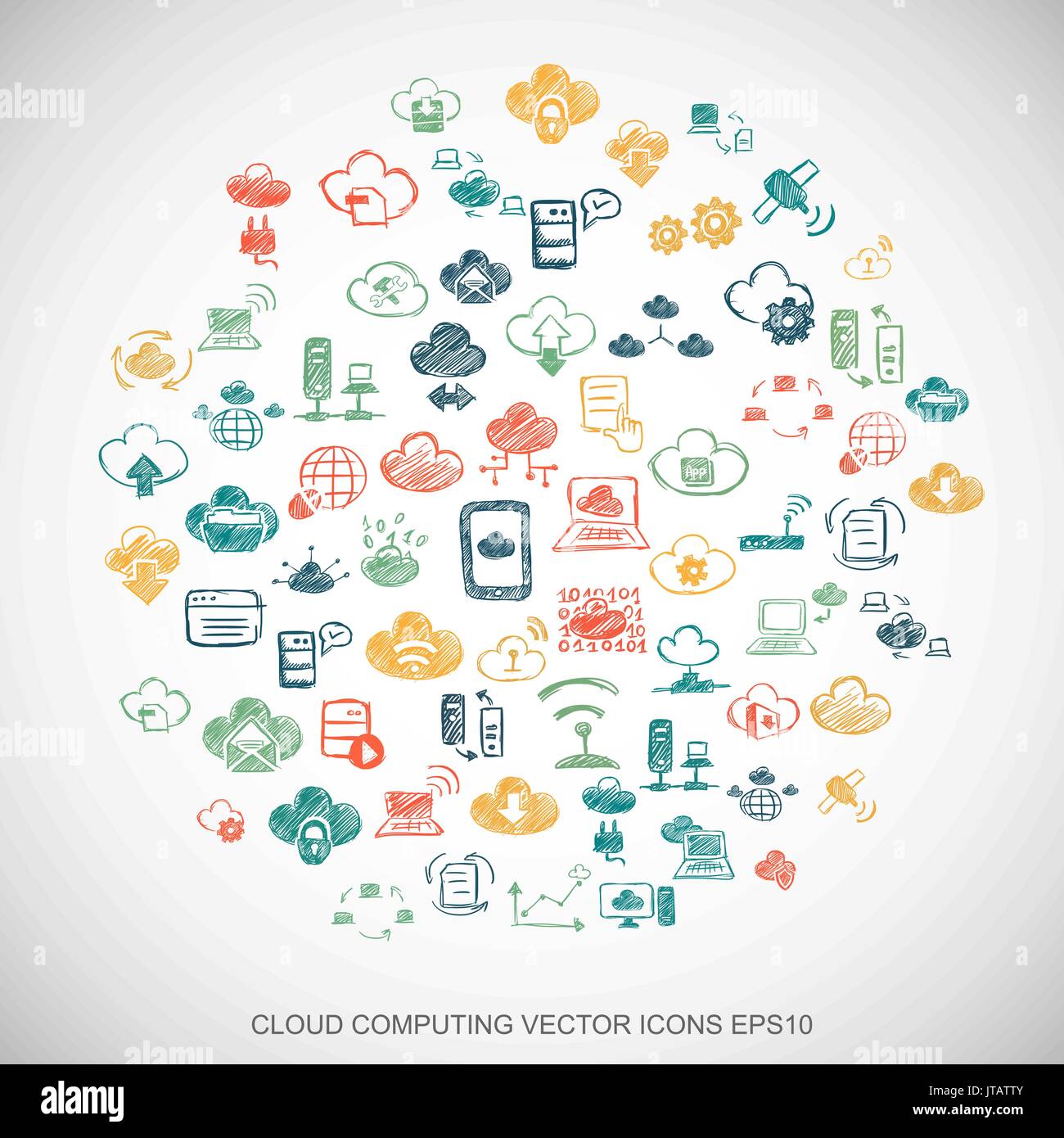 Multicolor doodles Hand Drawn Cloud Technology Icons set on White ...