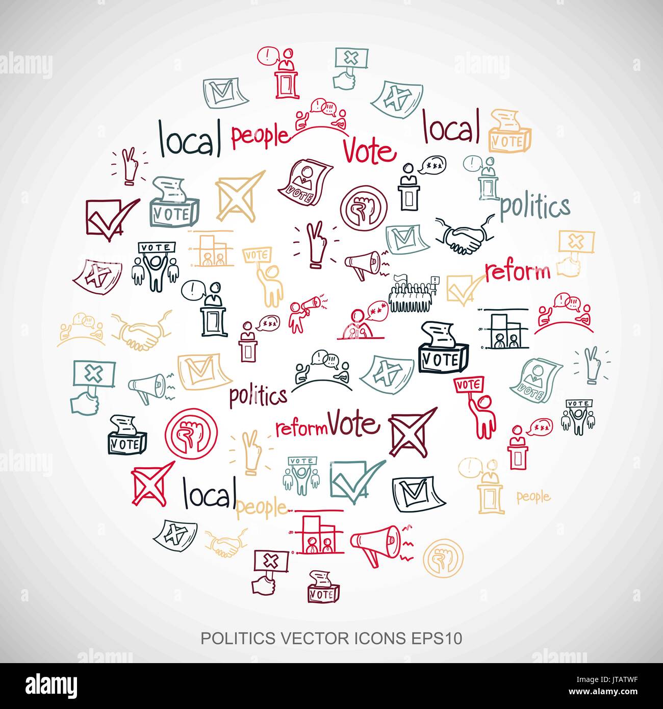 Multicolor doodles Hand Drawn Politics Icons set on White. EPS10 vector ...