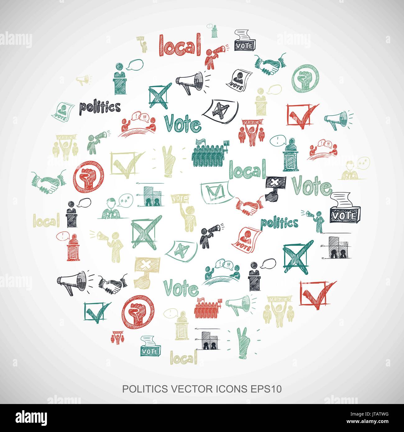 Multicolor doodles Hand Drawn Politics Icons set on White. EPS10 vector ...