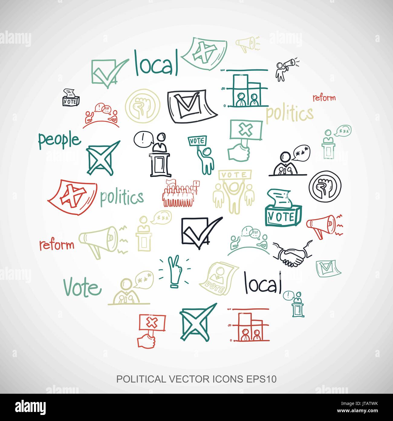 Multicolor doodles Hand Drawn Politics Icons set on White. EPS10 vector ...