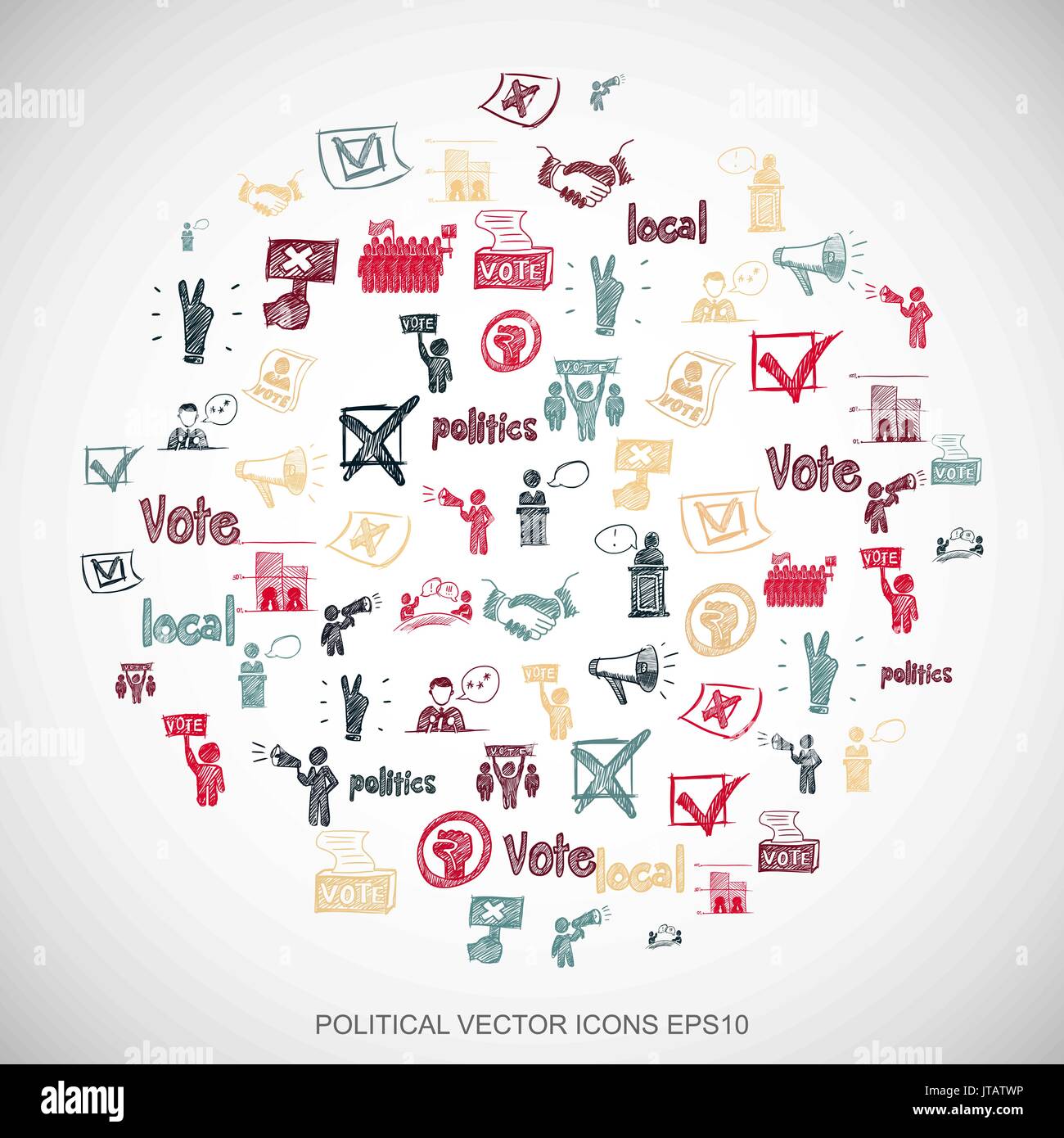 Multicolor doodles Hand Drawn Politics Icons set on White. EPS10 vector ...