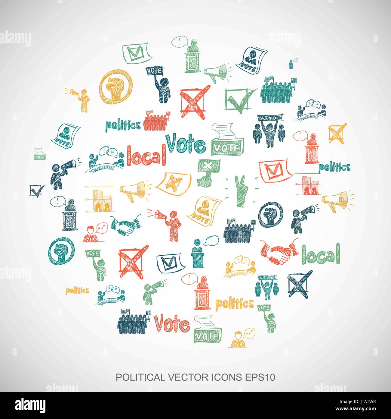 Multicolor doodles Hand Drawn Politics Icons set on White. EPS10 vector ...