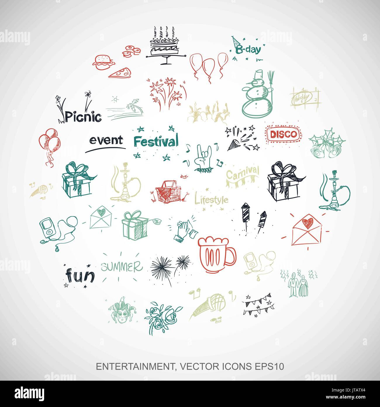 Multicolor doodles Hand Drawn Holiday Icons set on White. EPS10 vector ...