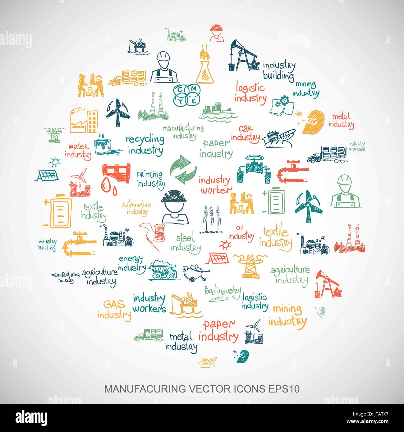 Multicolor doodles Hand Drawn Industry Icons set on White. EPS10 vector ...