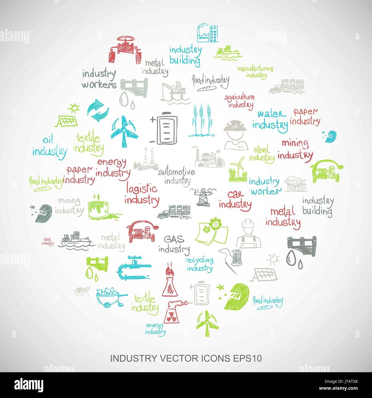 Multicolor doodles Hand Drawn Industry Icons set on White. EPS10 vector ...