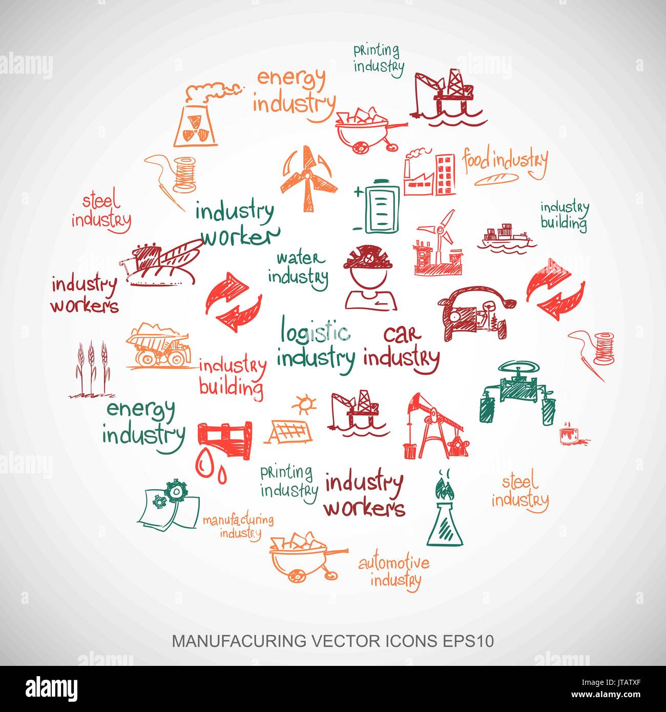 Multicolor doodles Hand Drawn Industry Icons set on White. EPS10 vector ...