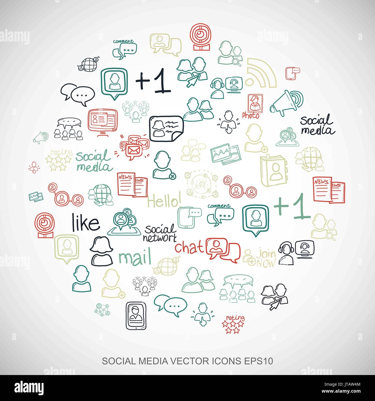 Multicolor doodles Hand Drawn Social Network Icons set on White. EPS10 ...
